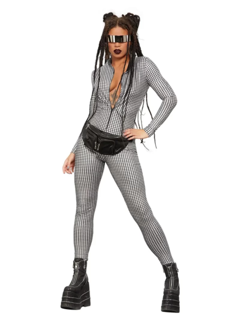 Fever Miss Whiplash Disco Holographic Catsuit Ladies Fancy Dress