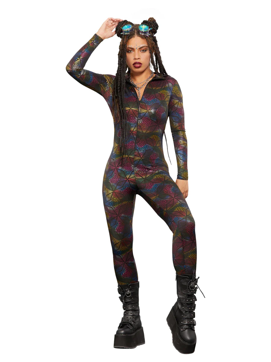 Fever Miss Whiplash Geometric Rainbow Catsuit Ladies Fancy Dress