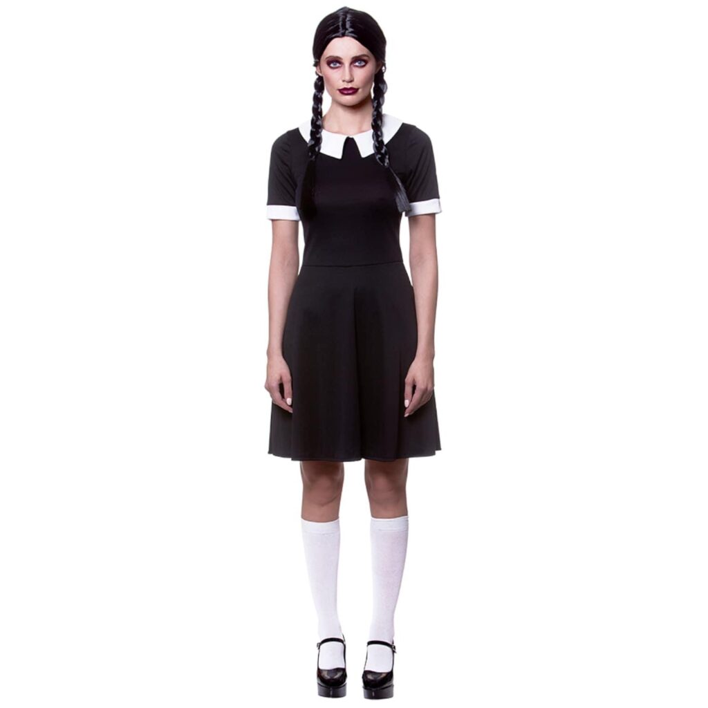 Creepy School Girl (Wednesday) Halloween Womens Fancy Dress Costume ...